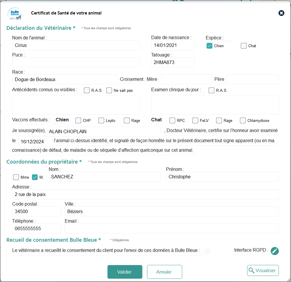 Certificat de bonne santé Bulle Bleue – Vetocom Sky